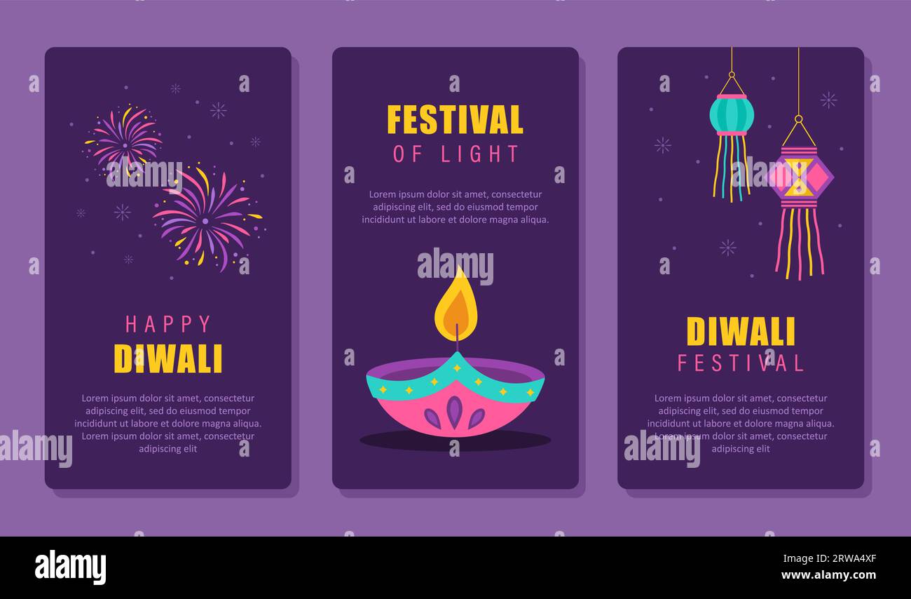 Diwali greeting posters set. Holiday backgrounds for celebration Indian ...