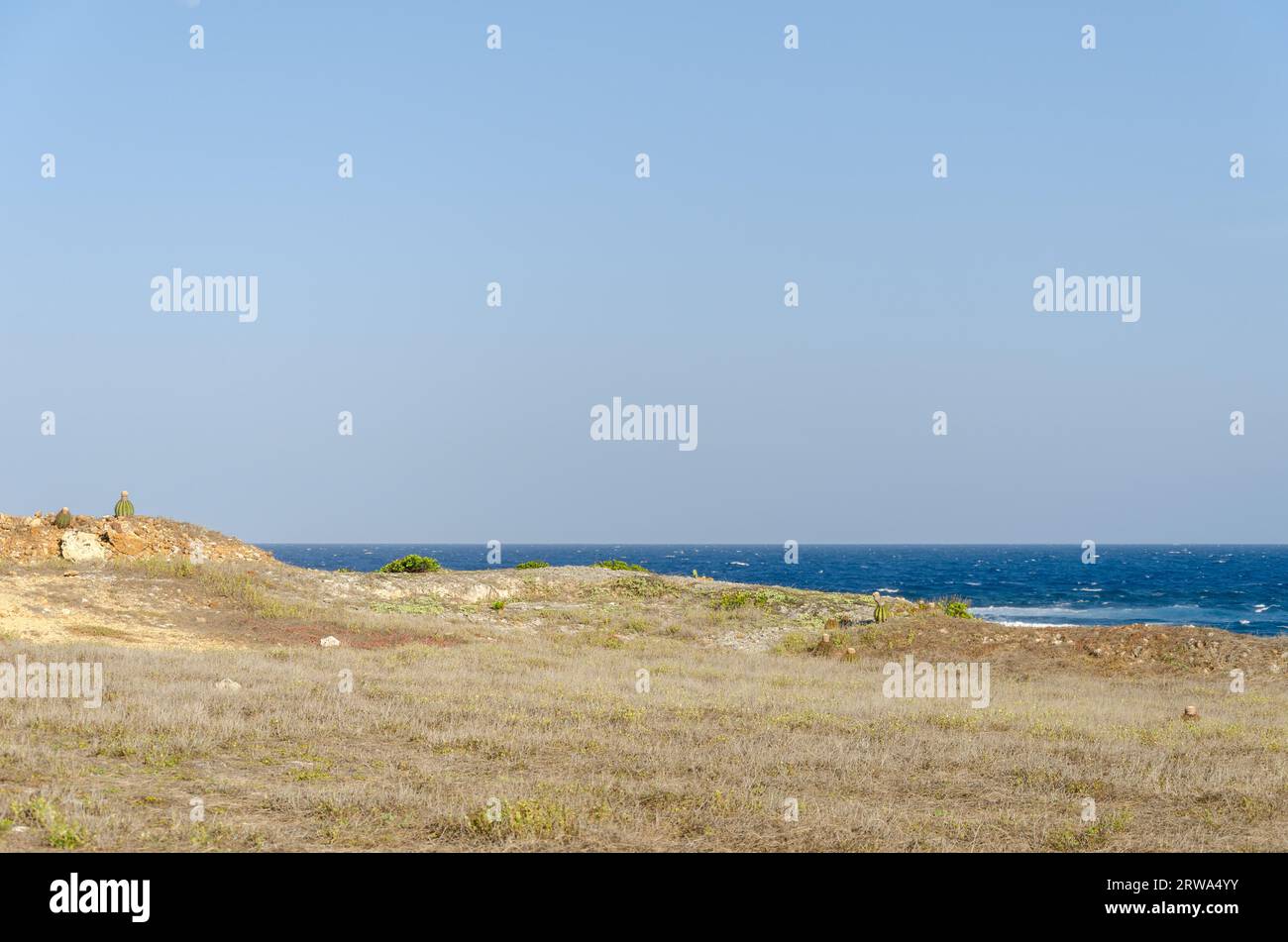 Dry and arid desert landscape with ocean and native rocks in Aruba ...