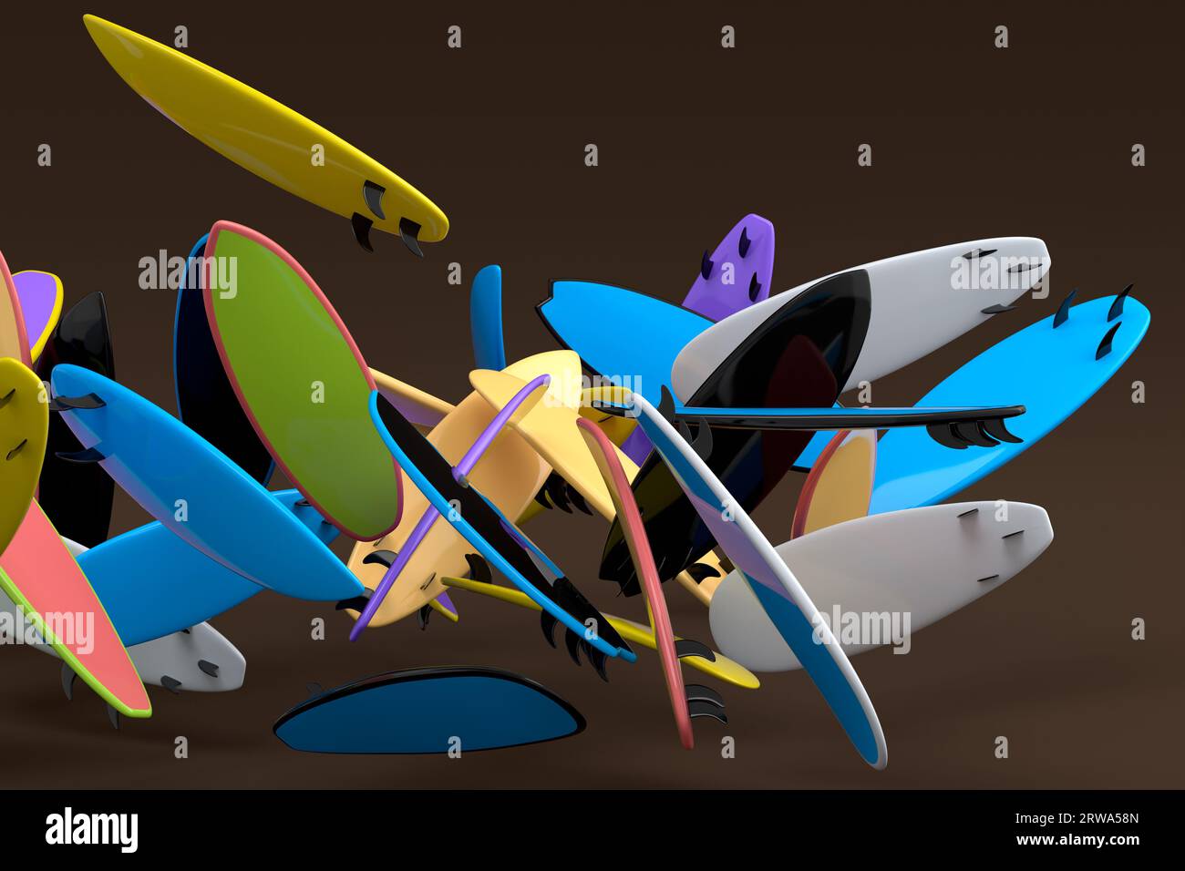 Many of flying surfboard isolated on black background. 3d render of ...