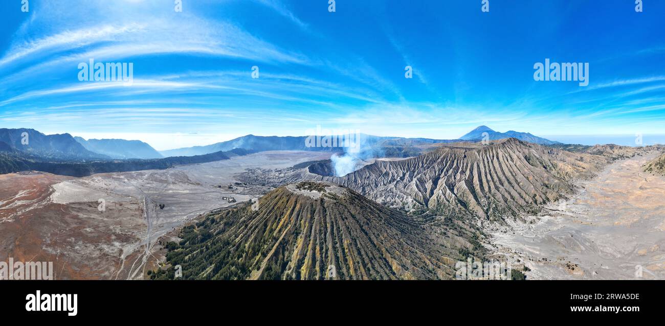 Aerial view panorama of Amazing Mount Bromo volcano during sunrise from ...