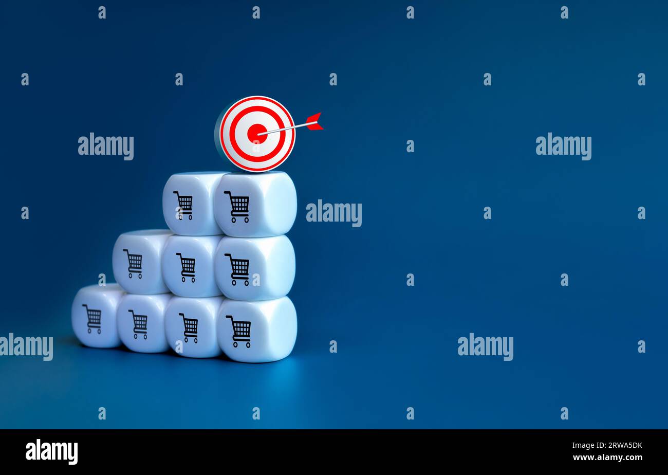 3d Target icon on top of white cube block stack as a growth graph steps ...