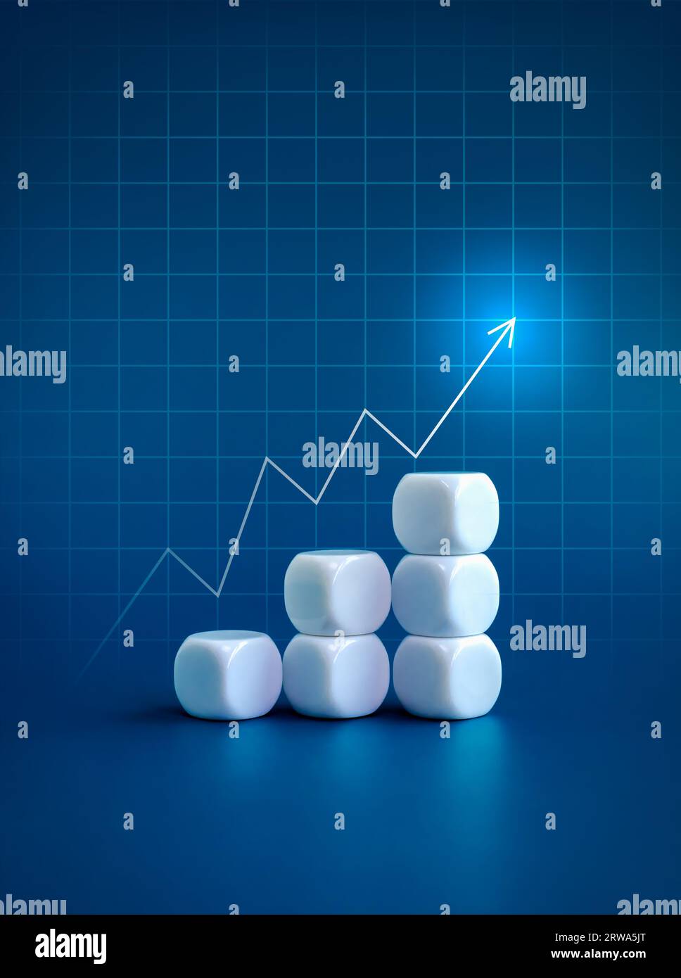 Rising glow arrows on white blocks business chart steps on blue ...