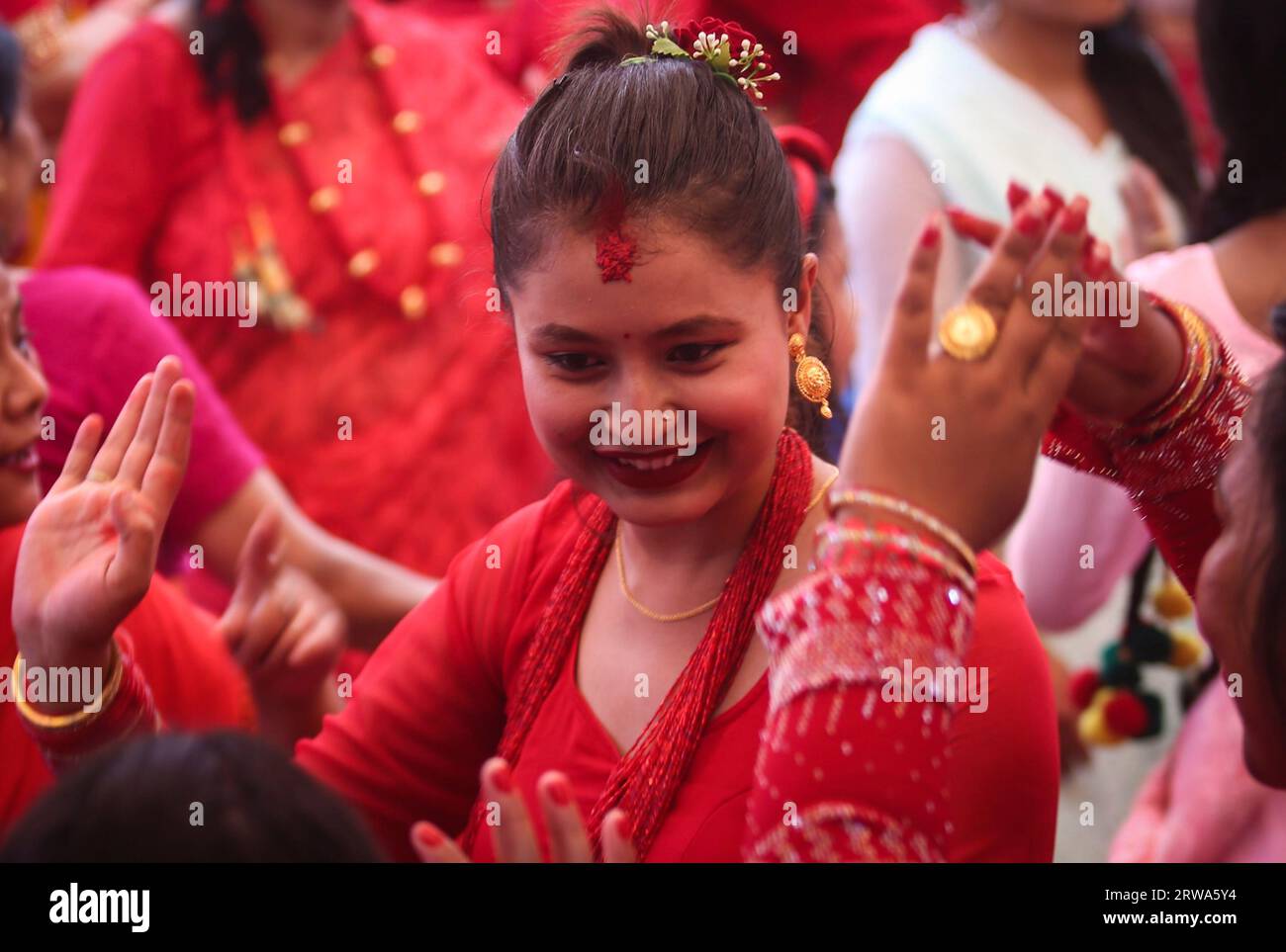 September 18, 2023, Kathmandu, Bagmati, Nepal: A Nepali woman dances in celebration of Teej ...