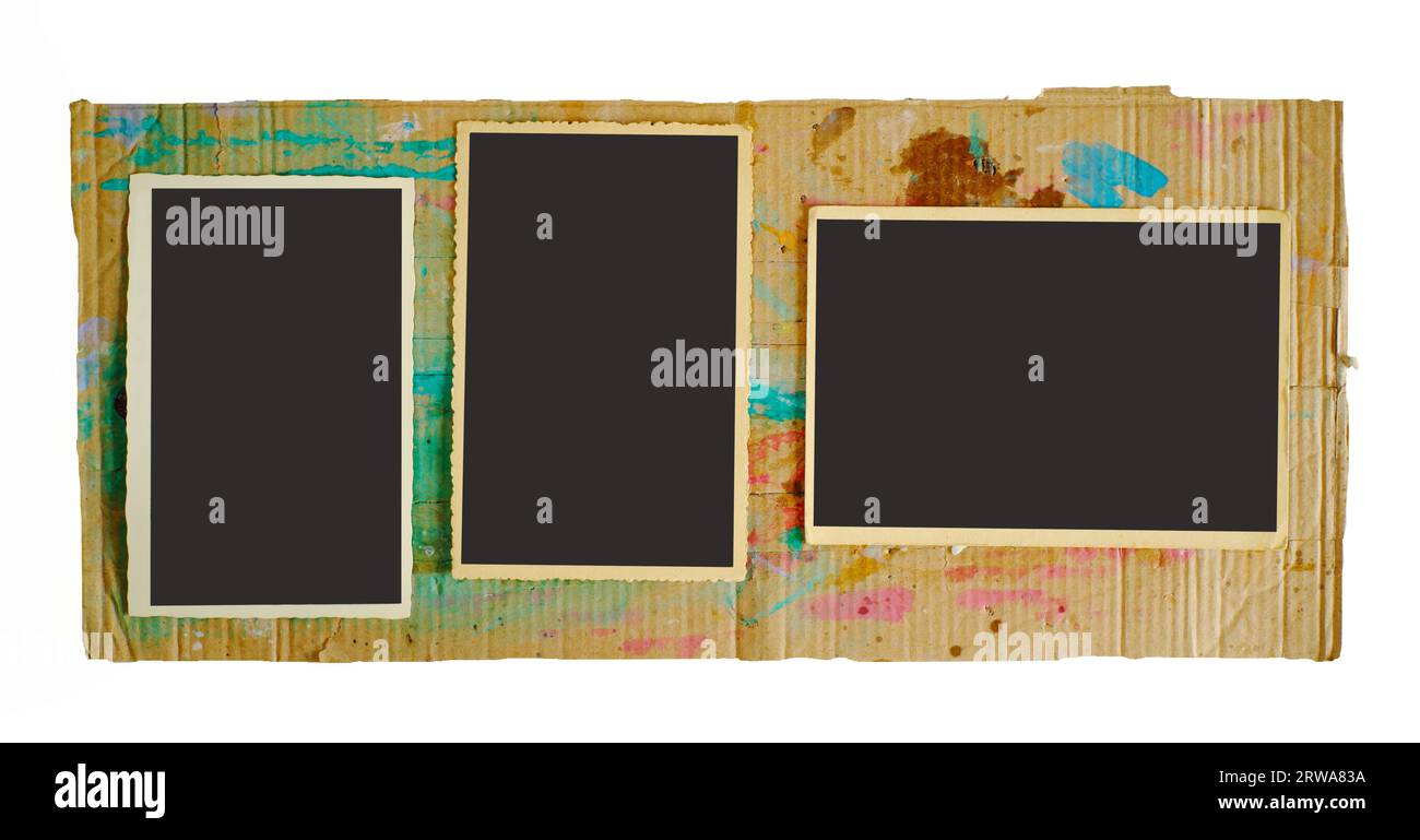 old empty photo frames, vintage photo prints, flat lay on grungy ...