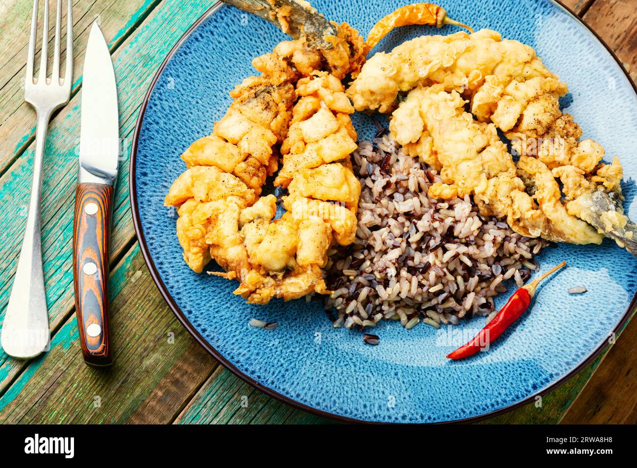 Breaded fried fish and rice side dish on the plate Stock Photo - Alamy