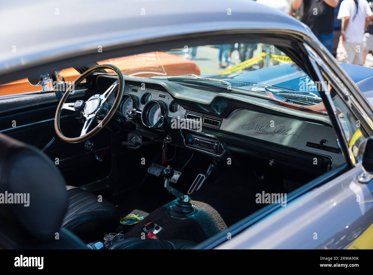 The inside view of a classic Ford Mustang Fastback muscle car from the ...