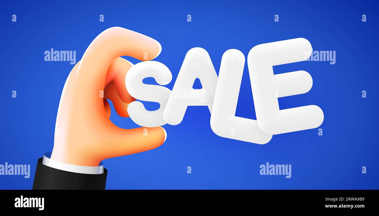 3d cartoon hand holding word Sale. Sale and special offer concept ...