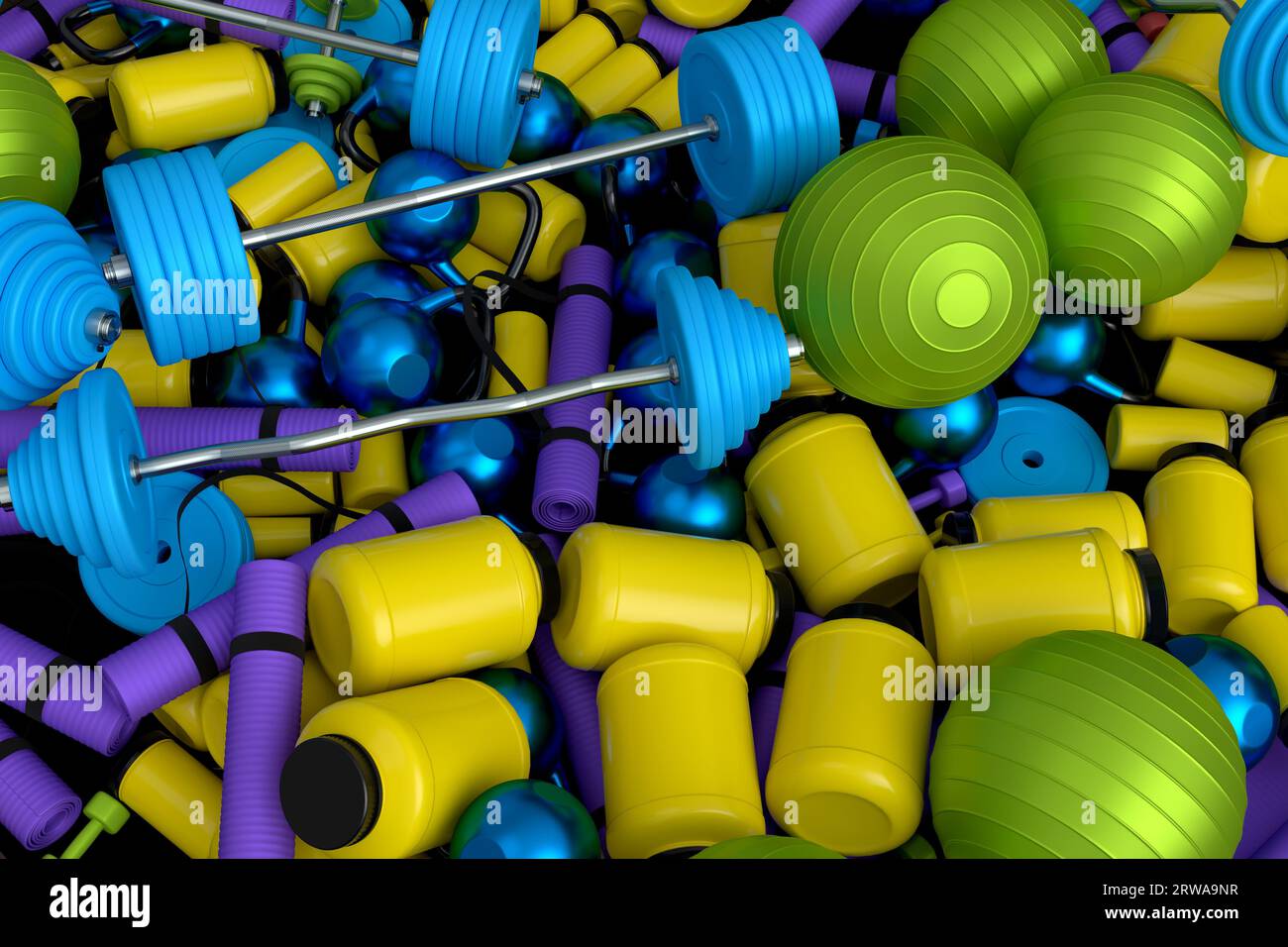 Pile of sport equipment like kettlebell, fitness ball, barbell and yoga ...
