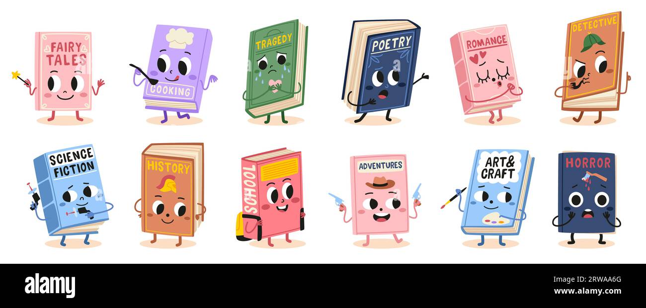 Book characters. Cute cartoon mascots, different genres literature ...