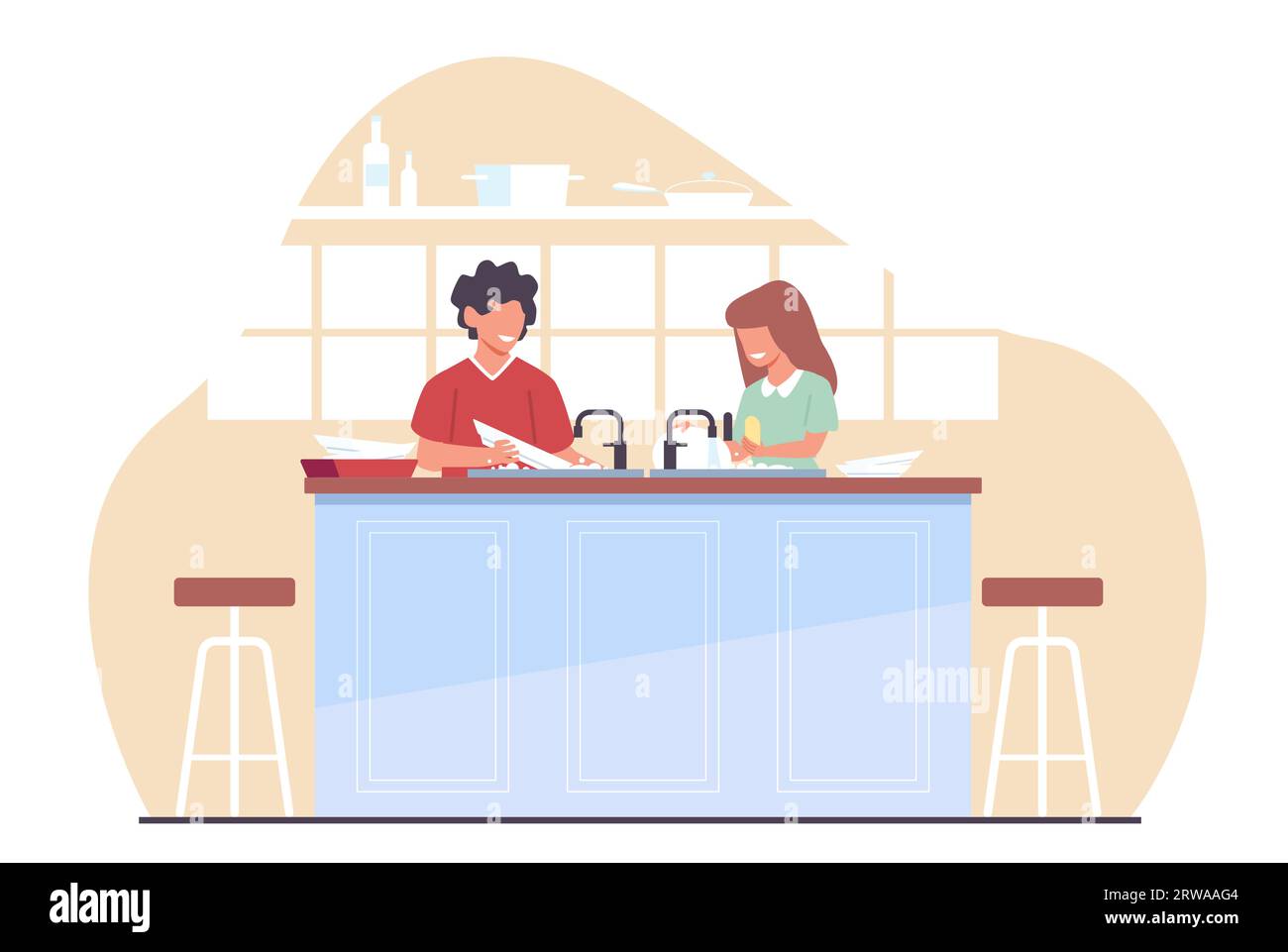 Boy and girl washing dishes in kitchen. Kids doing housework chores at ...