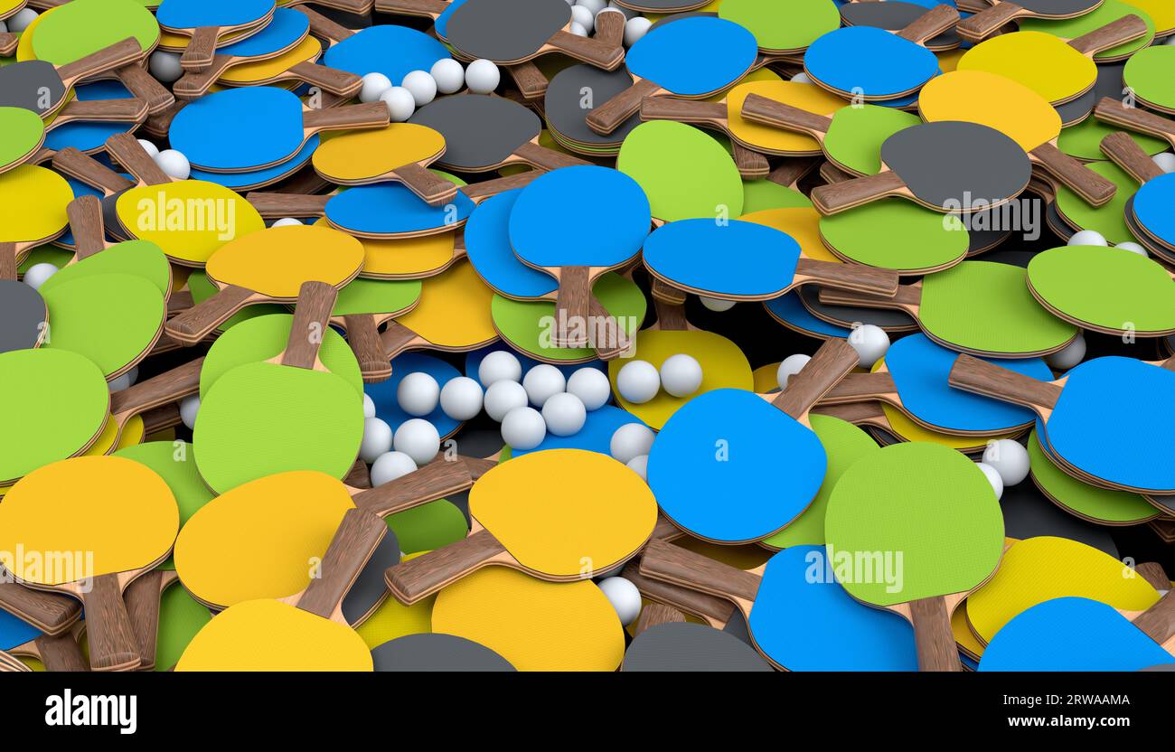 Pile of sport equipment like ping pong racket for table tennis on white ...