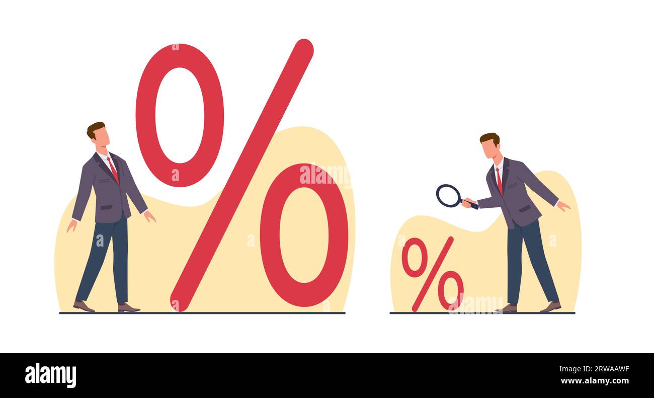 Businessman looks at small and large percent sign. Huge and tiny ...