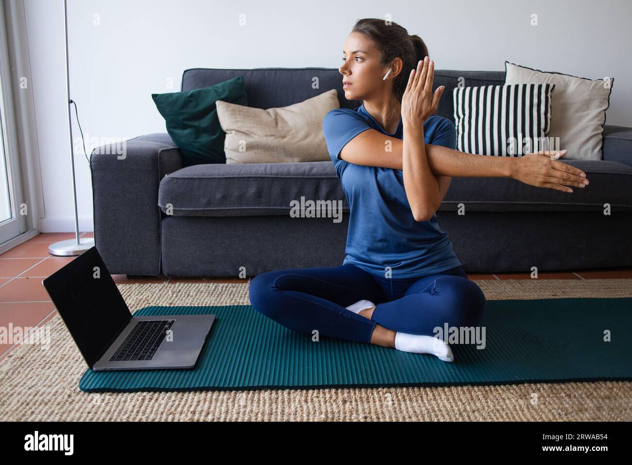 Woman Stretching Arms Mobility Exercises at Home workout Stock Photo ...