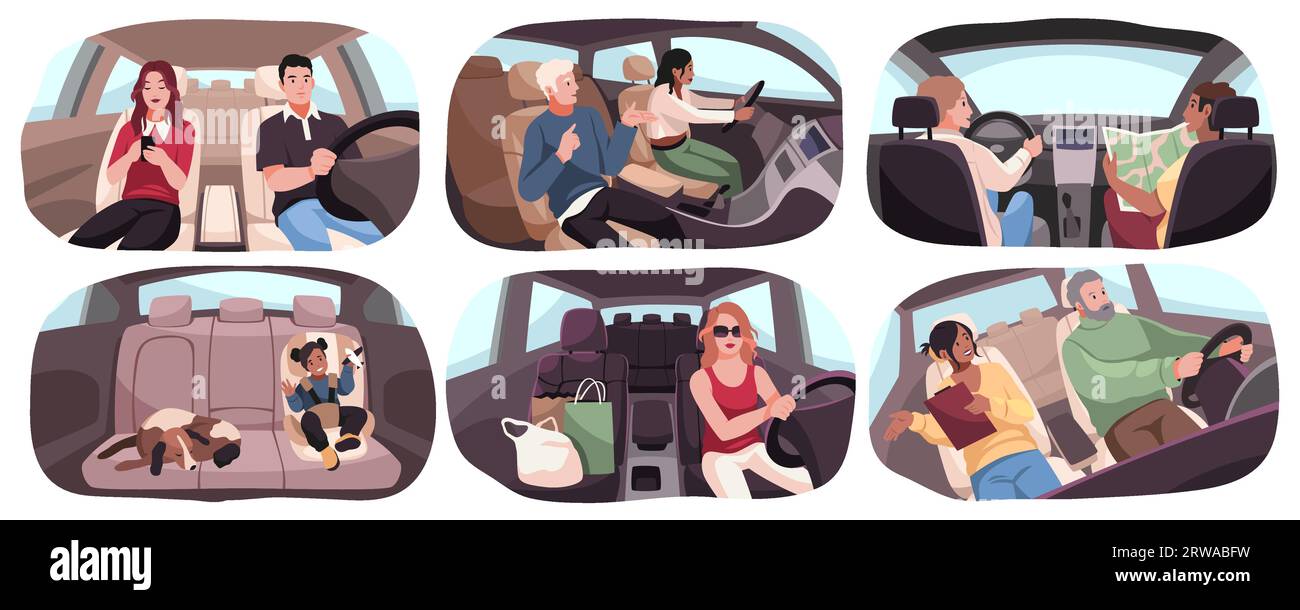 Cartoon people in cars. Drivers and passengers in vehicles, men, women ...
