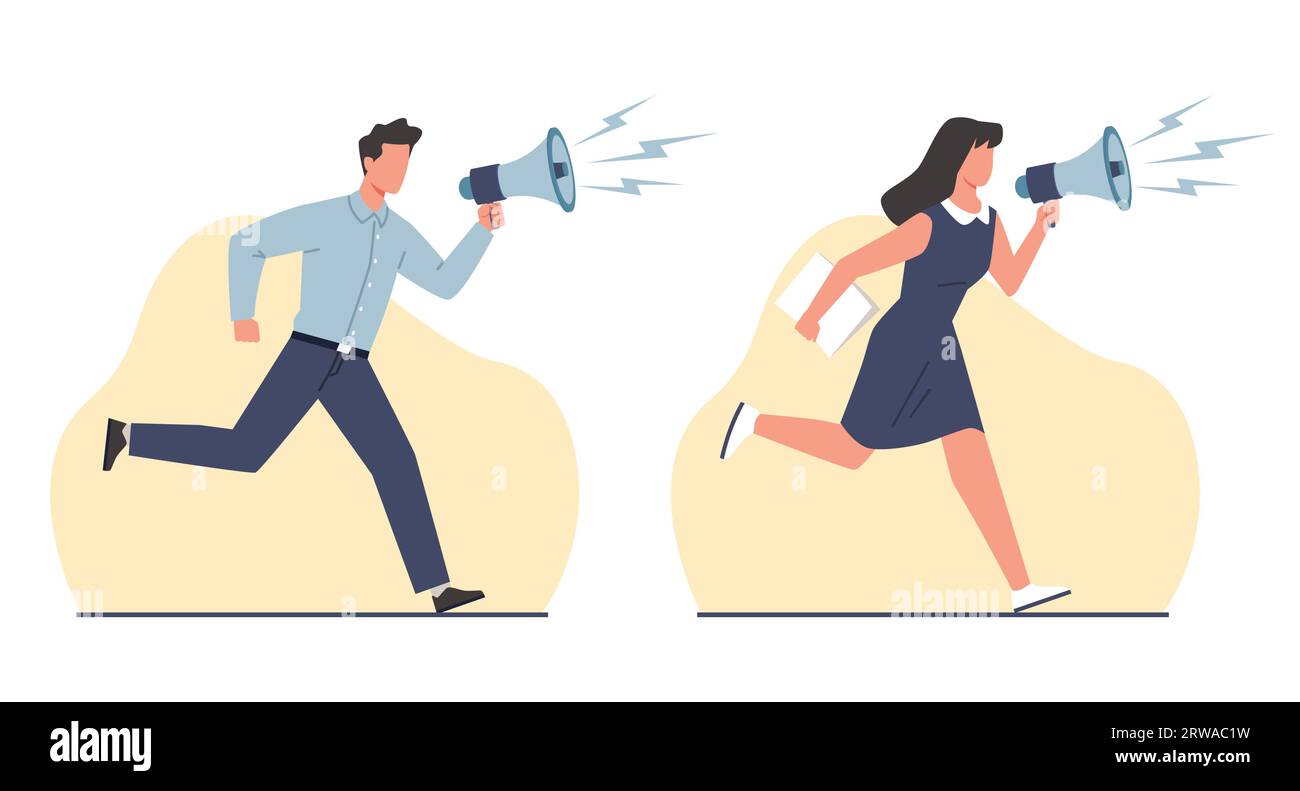 Concept of commercial, guy and girl running and talking into megaphone ...