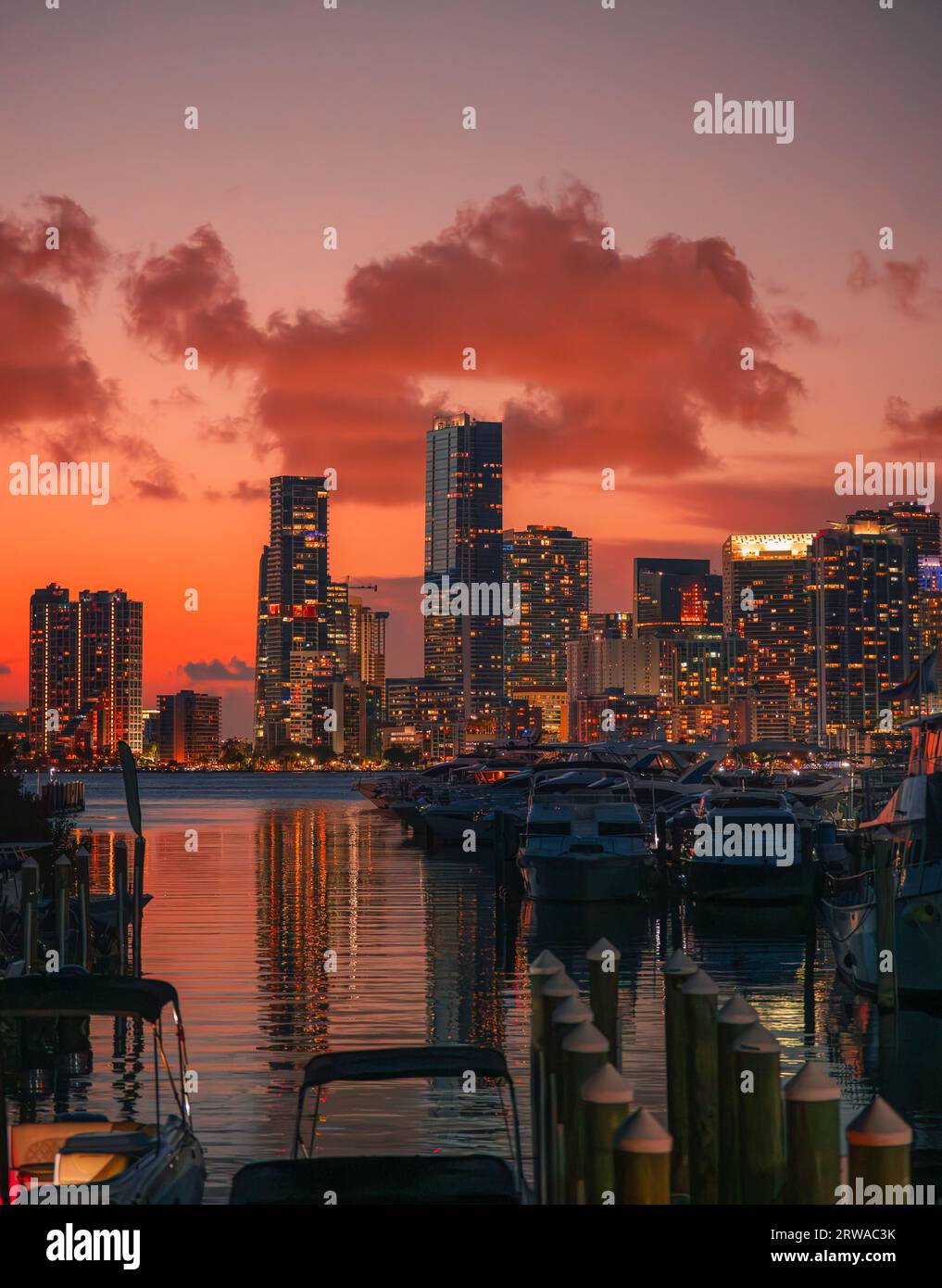 country skyline at sunset marina skyscrapers Brickell Miami Stock Photo ...