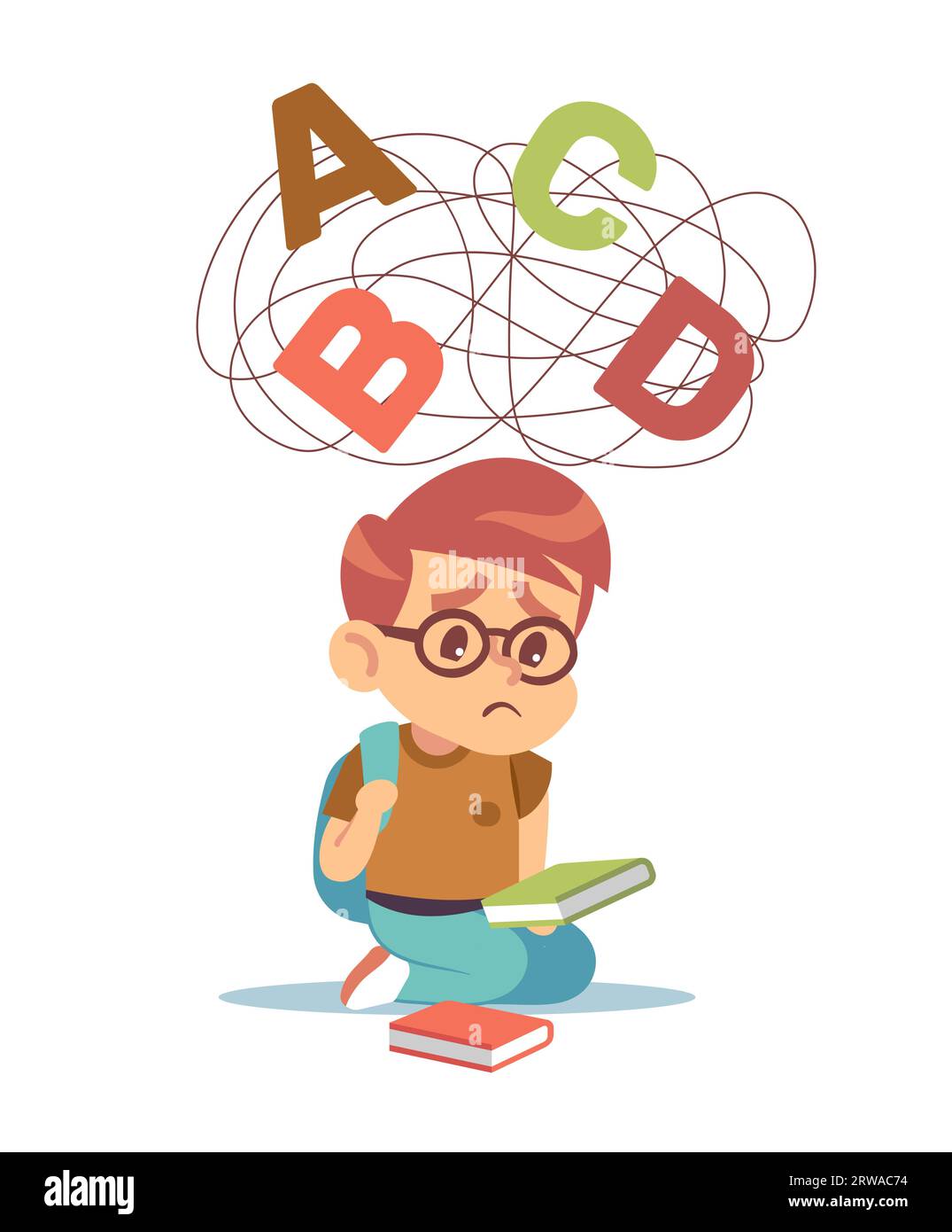 Concept of dyslexia, young boy has learning difficulties. Little child ...