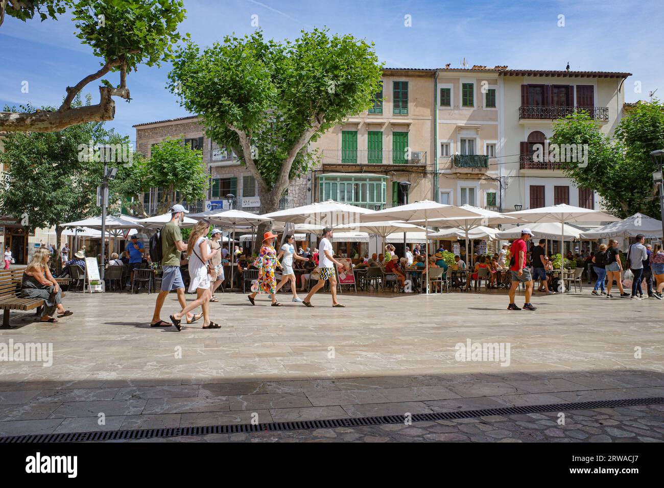 Soller, Spain - 12 June, 2023: Tourist restaurants in the Plaza of ...