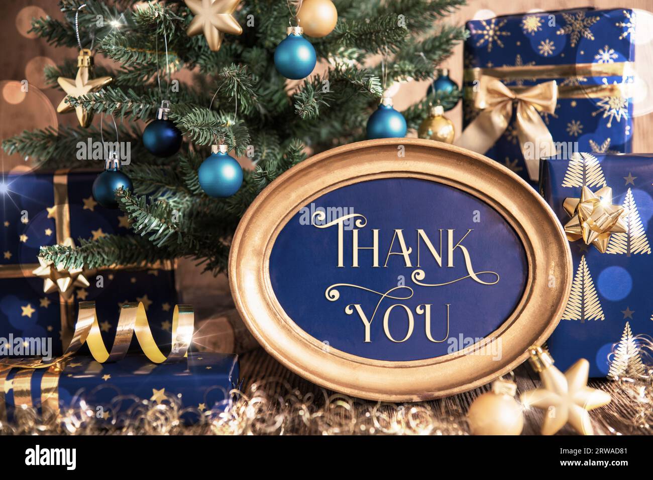 Oval Frame With Text Thank You, Christmas Tree Background Stock Photo ...