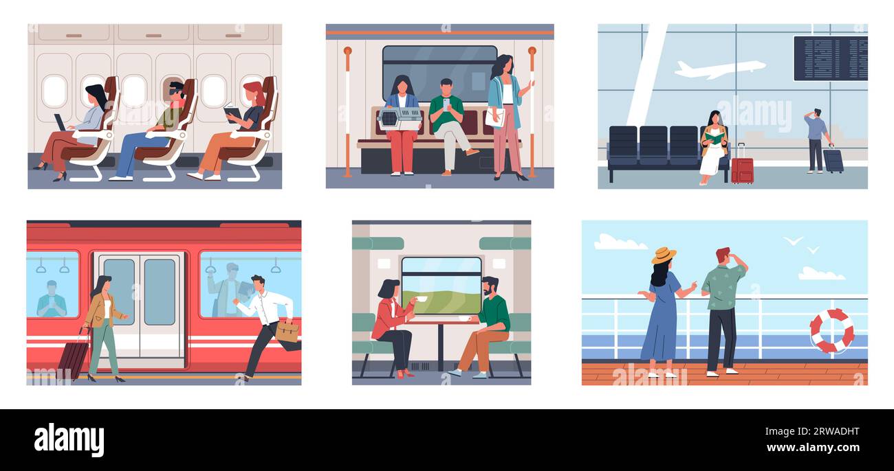 Passenger characters. People travel by train, bus and subway, public ...