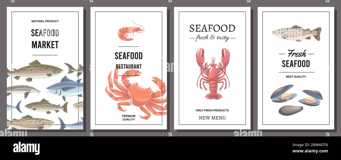 Seafood cards. Restaurant and cafe menu covers template, fresh fish ...