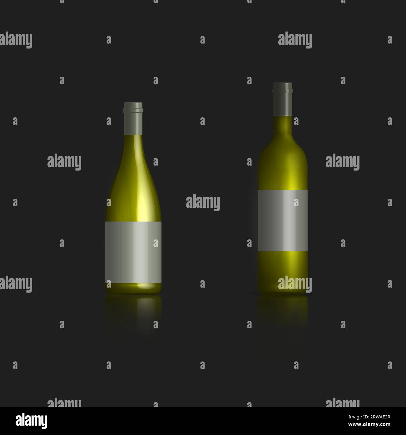 Photorealistic bottles of white wine with mirror reflection. Front view ...