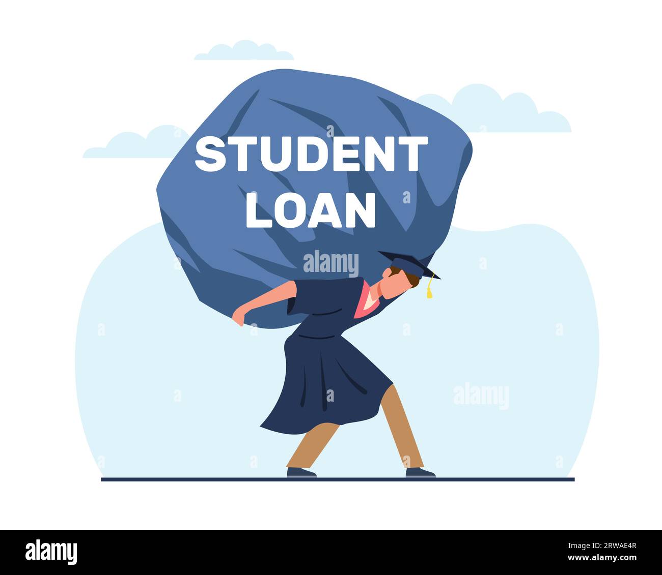 Student loan, man in graduated suit holding heavy student loan rock ...