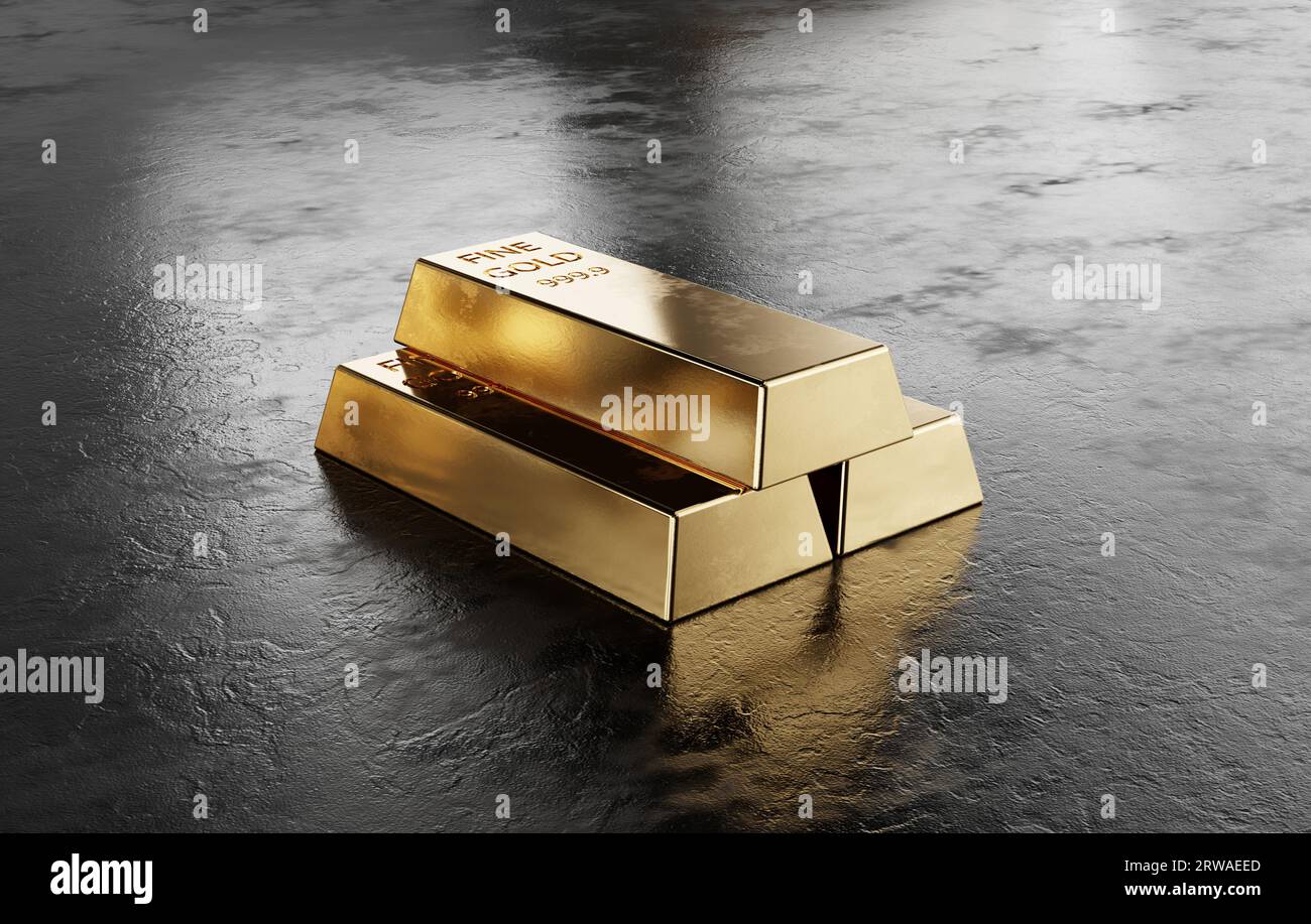 Stacked Gold bars placed on glossy background 3D rendering Stock Photo - Alamy