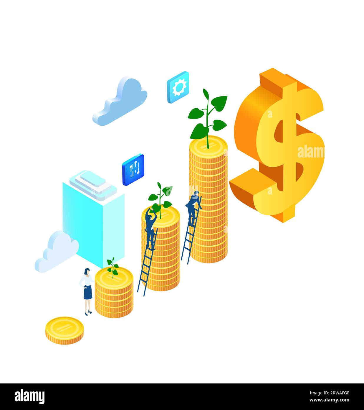 Isometric business environment with business people working together ...