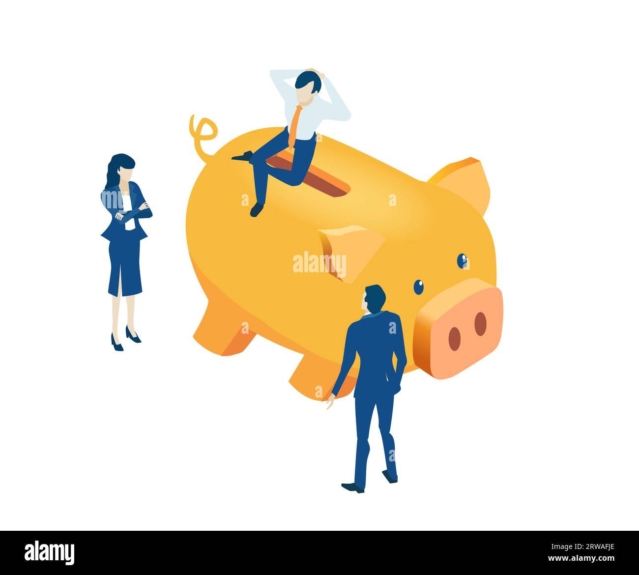 Business people working around golden money pig. Banking, investment ...