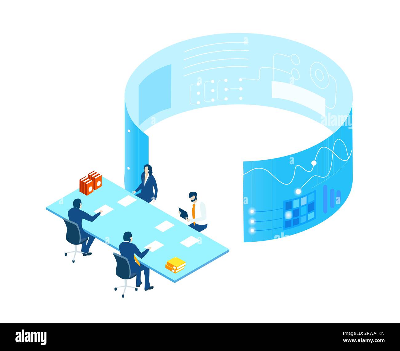 Application development iIsometric illustration. Business people work together, technology, big ...