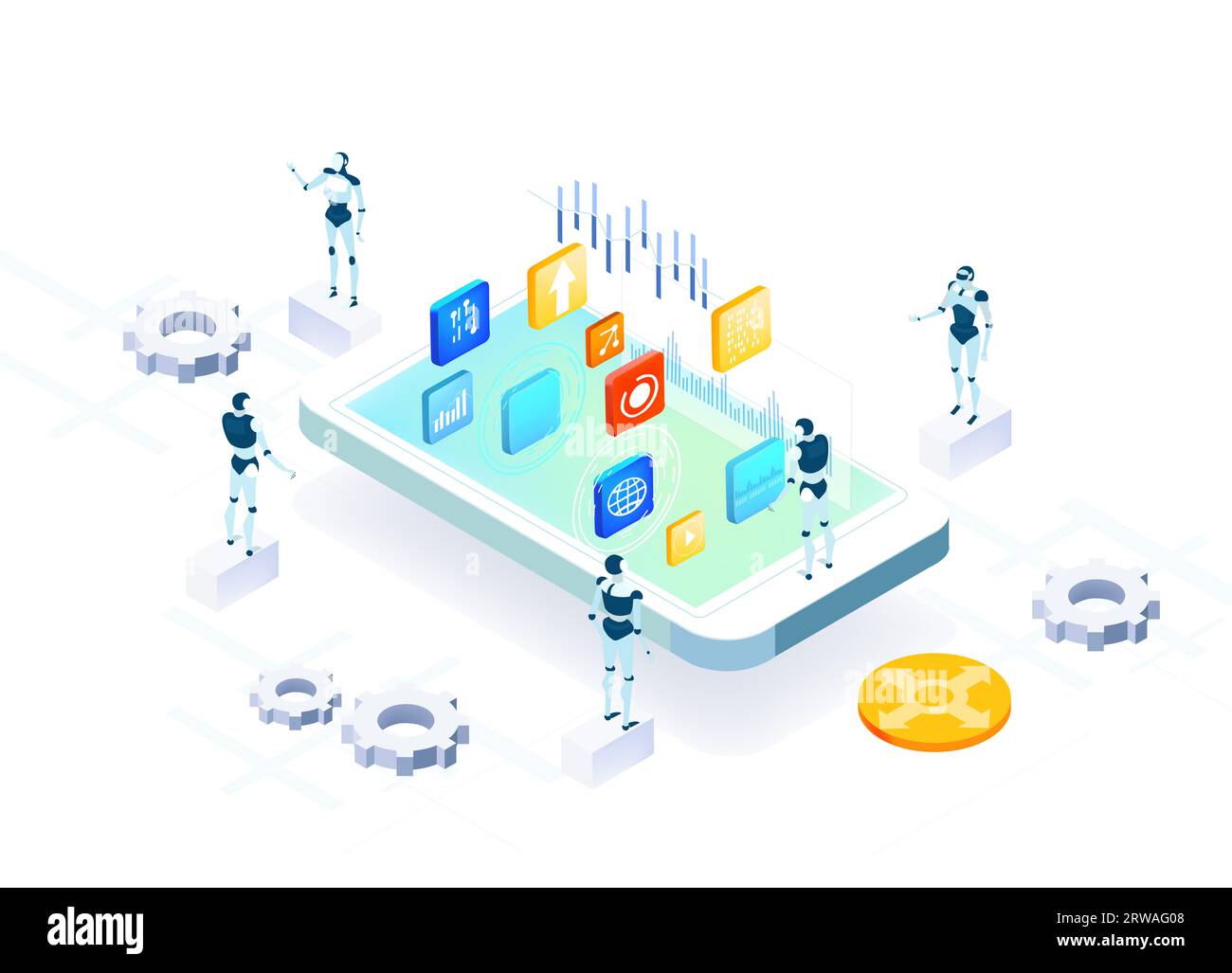 Robots and artificial intelligence concept infographic. Robots working ...