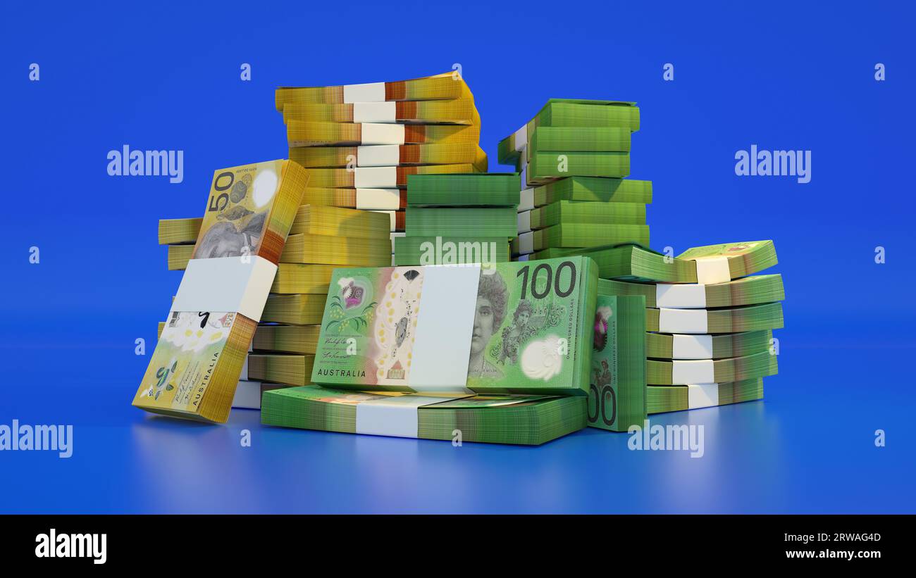Stacks of Australian dollar notes. A lot of money isolated on blue ...