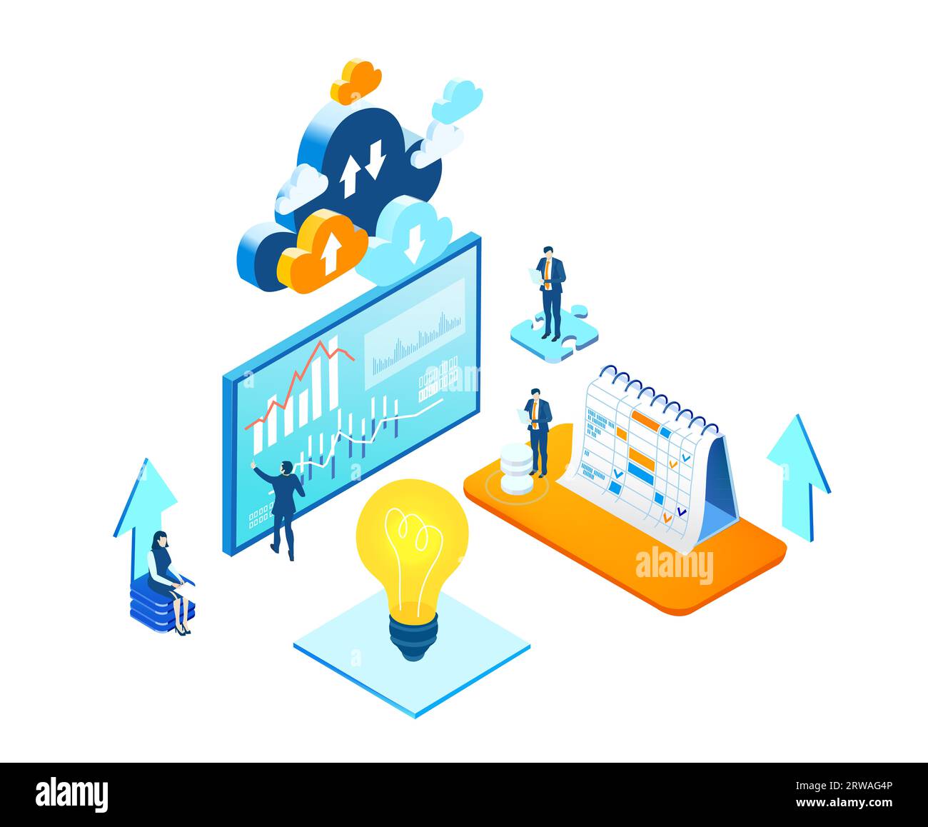 Business management. Isometric office space, business people work ...