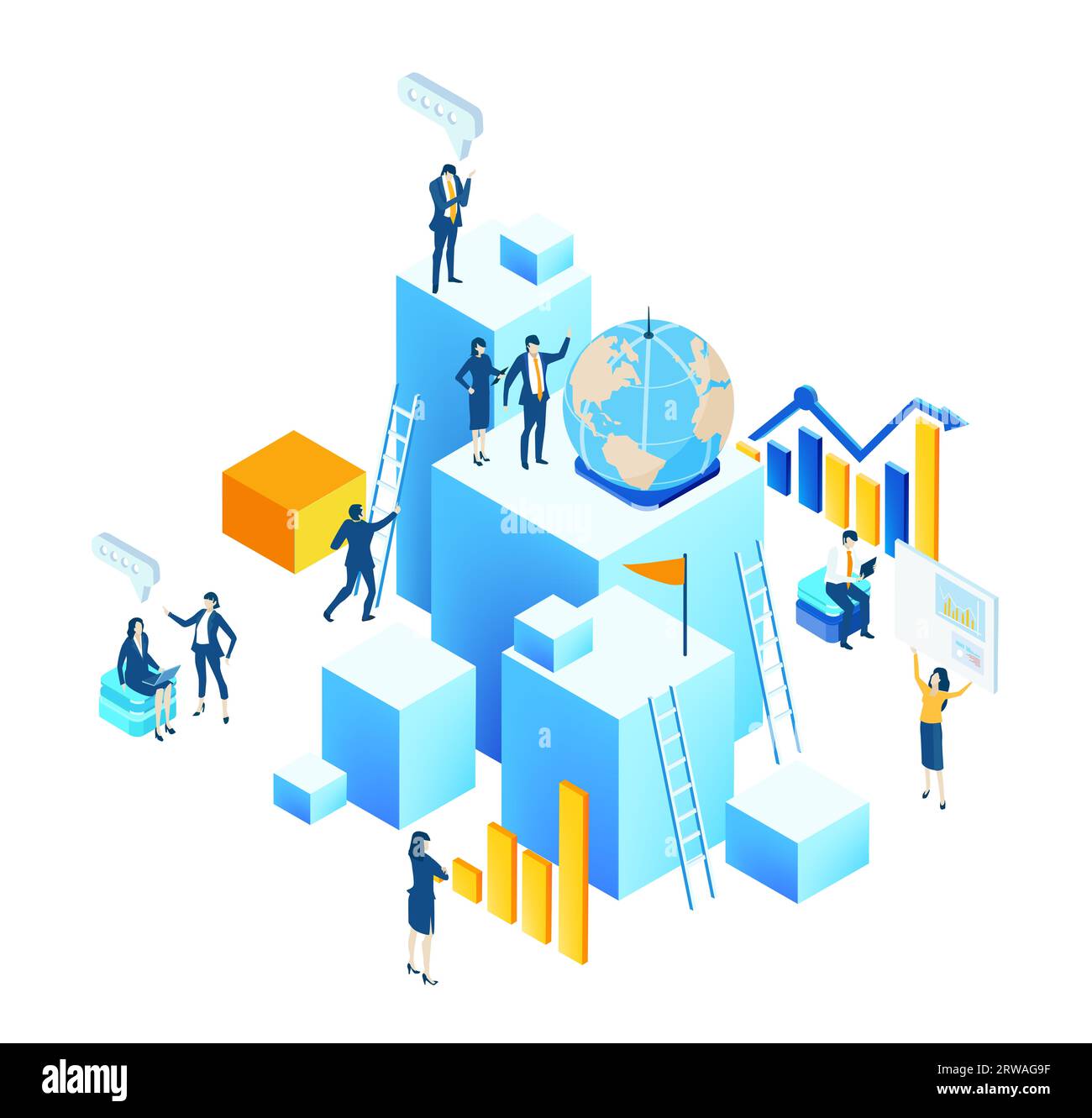 Isometric business environment with business people working together ...