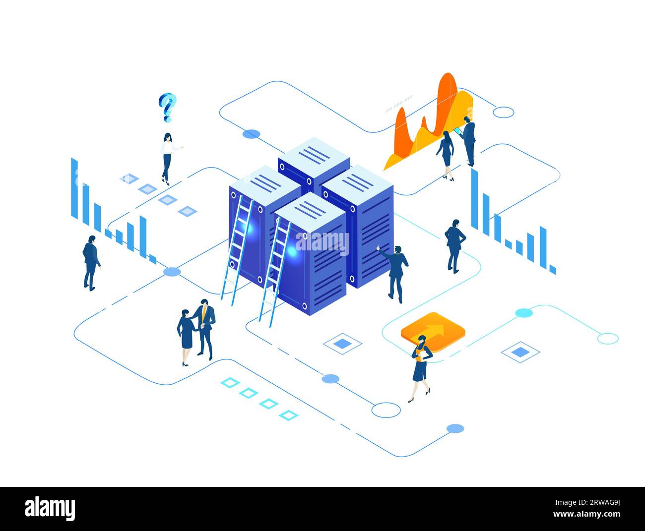 Isometric business environment. Server room space, business people ...