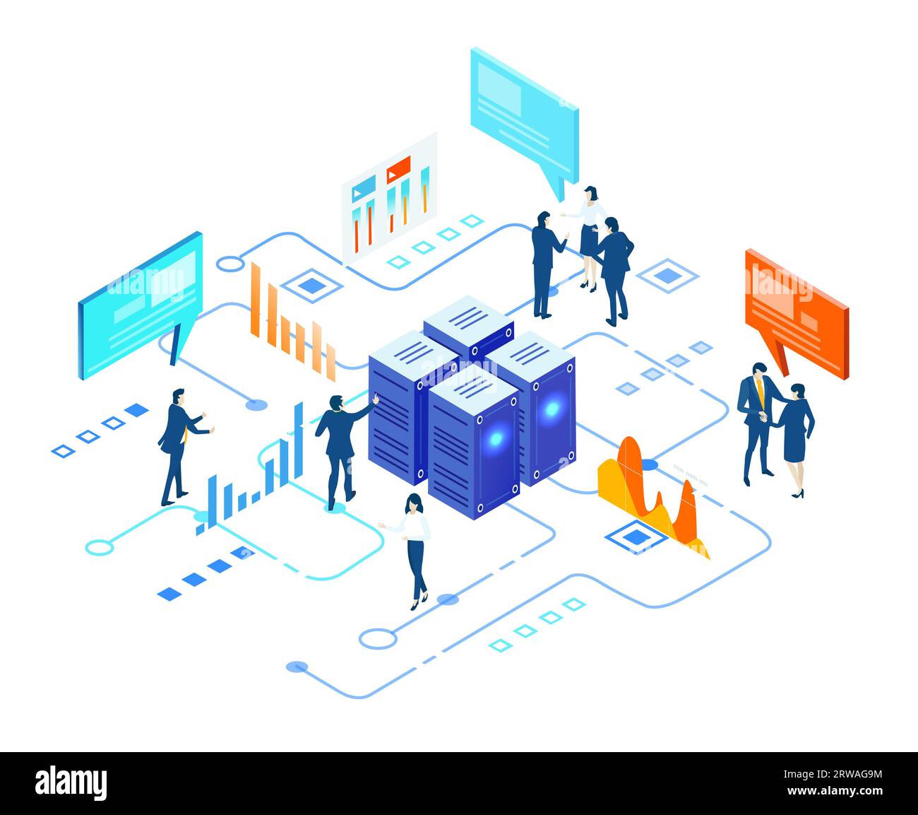 Isometric business environment. Server room space, business people ...