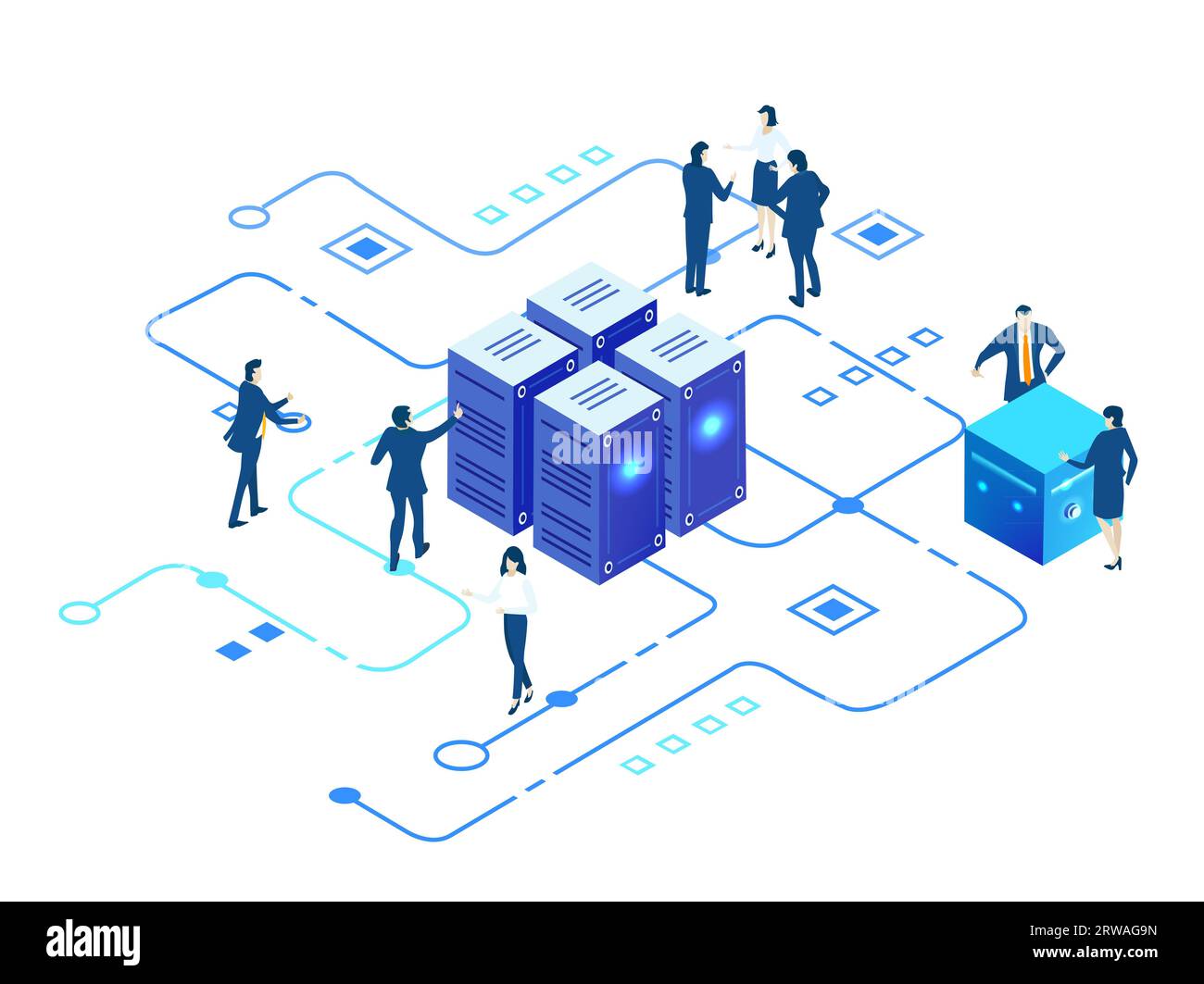 Isometric business environment. Server room space, business people ...