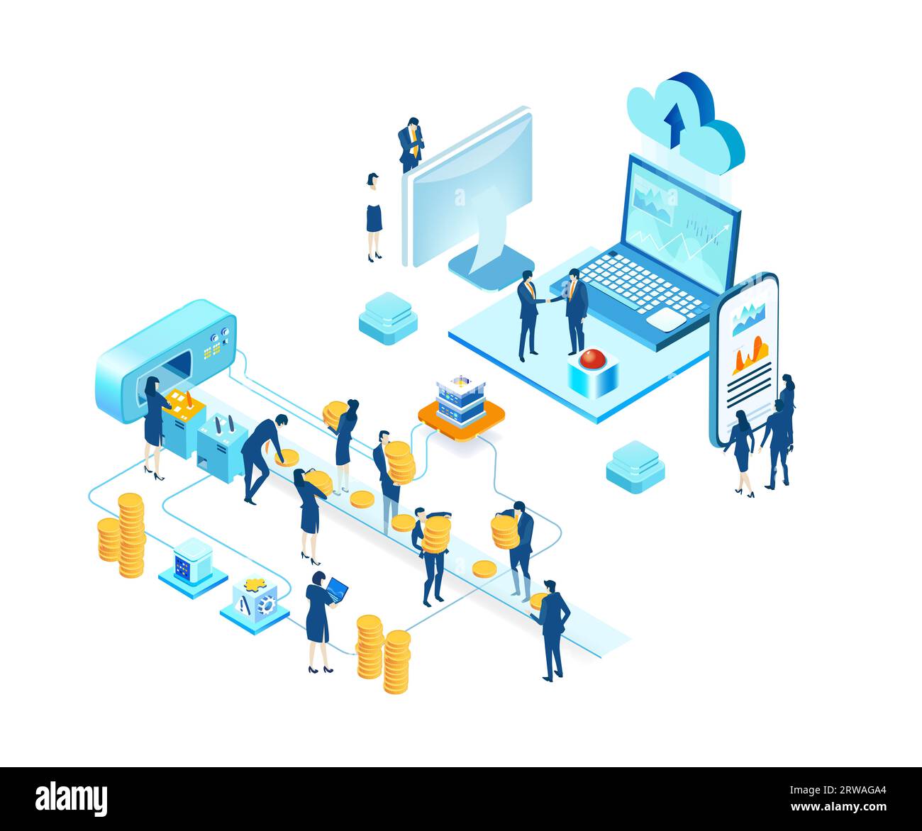 Isometric business environment with business people working together ...