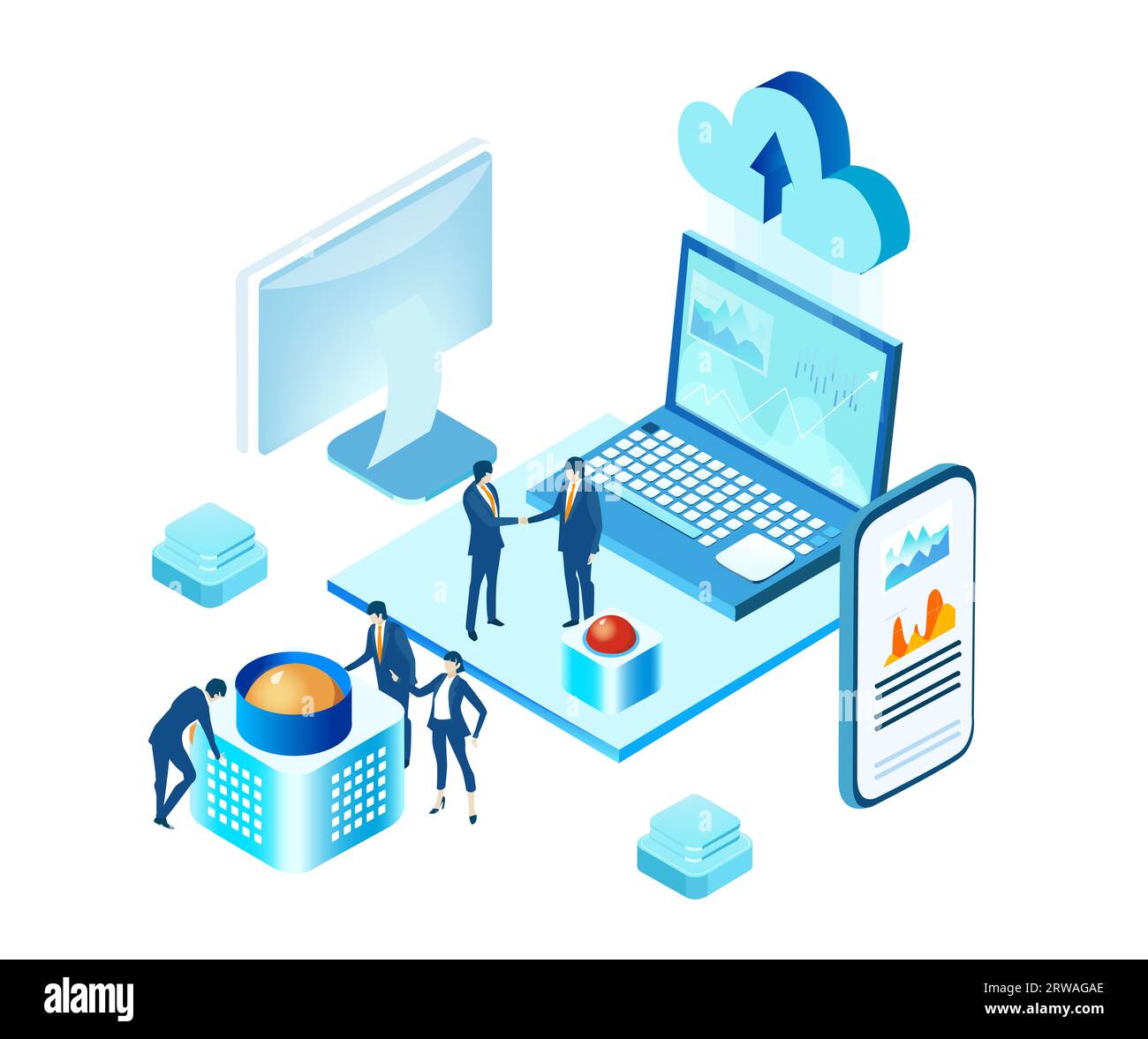 Application development iIsometric illustration. Business people work ...