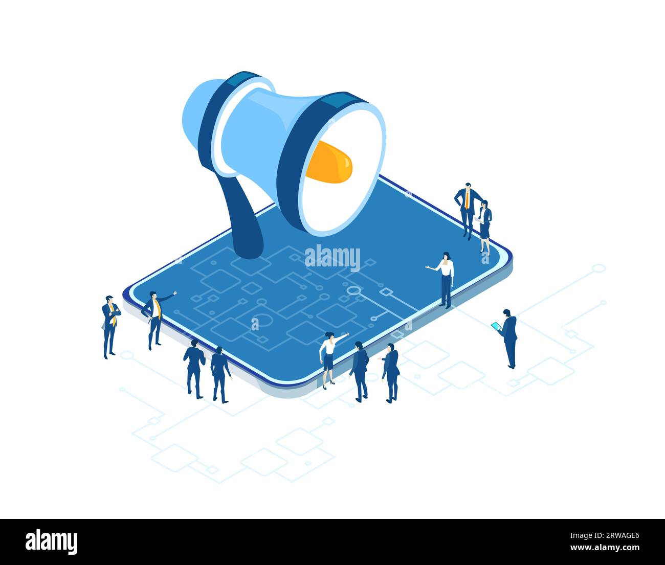 Business people working around megaphone, control, discussing the deal ...