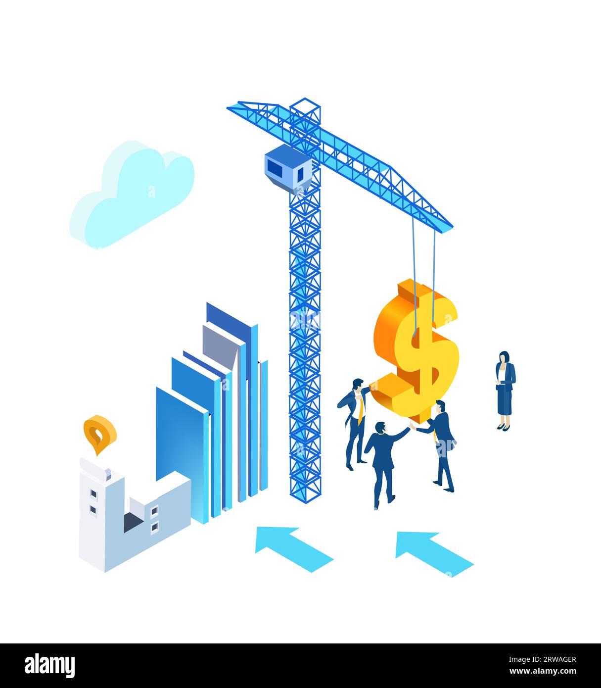 Isometric business environment with business people working together ...