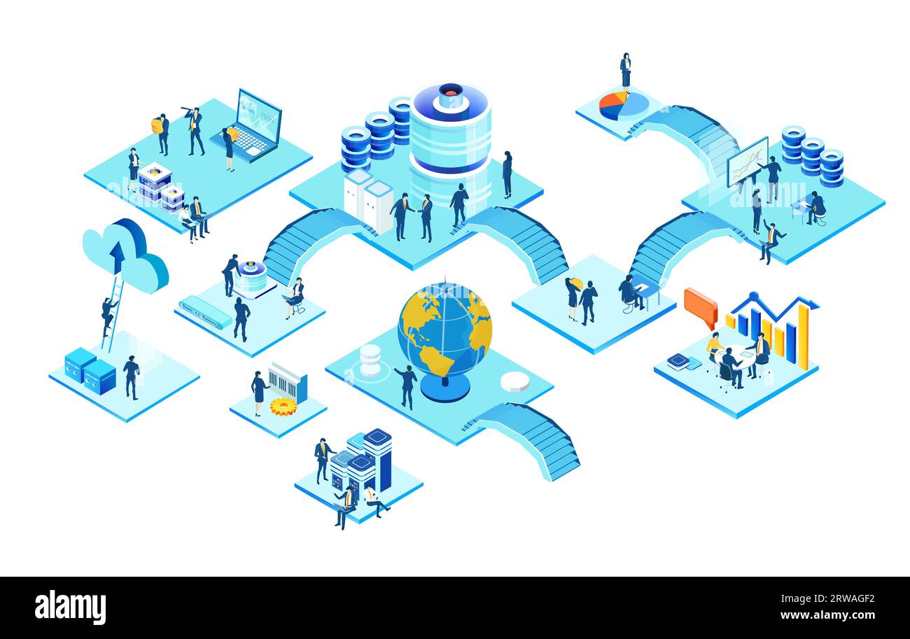 Application development iIsometric illustration. Business people work together, technology, big ...