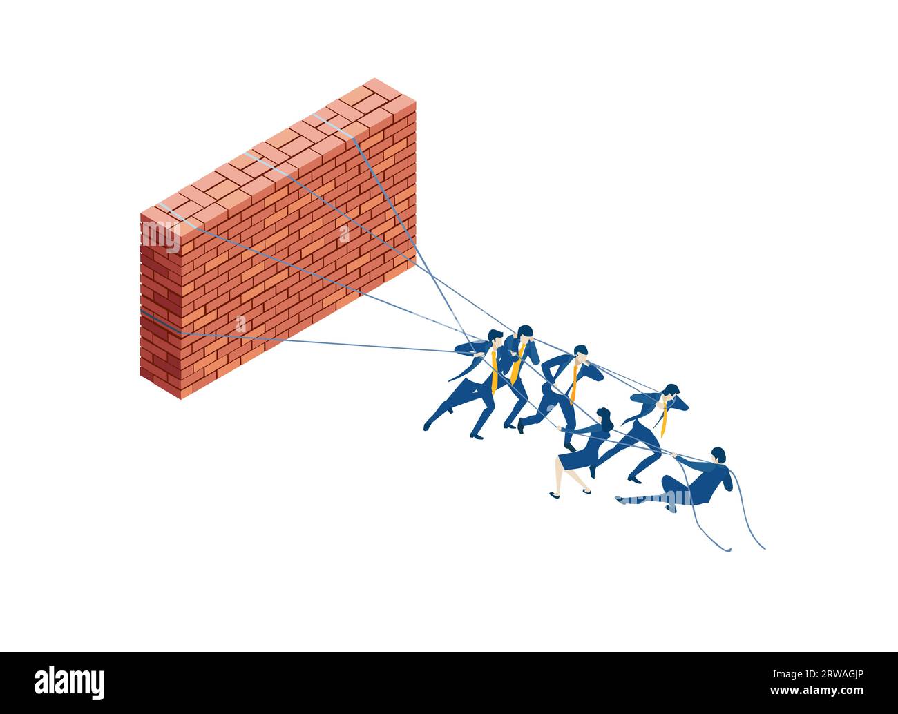 Business people work together next to brick wall. Help, support ...