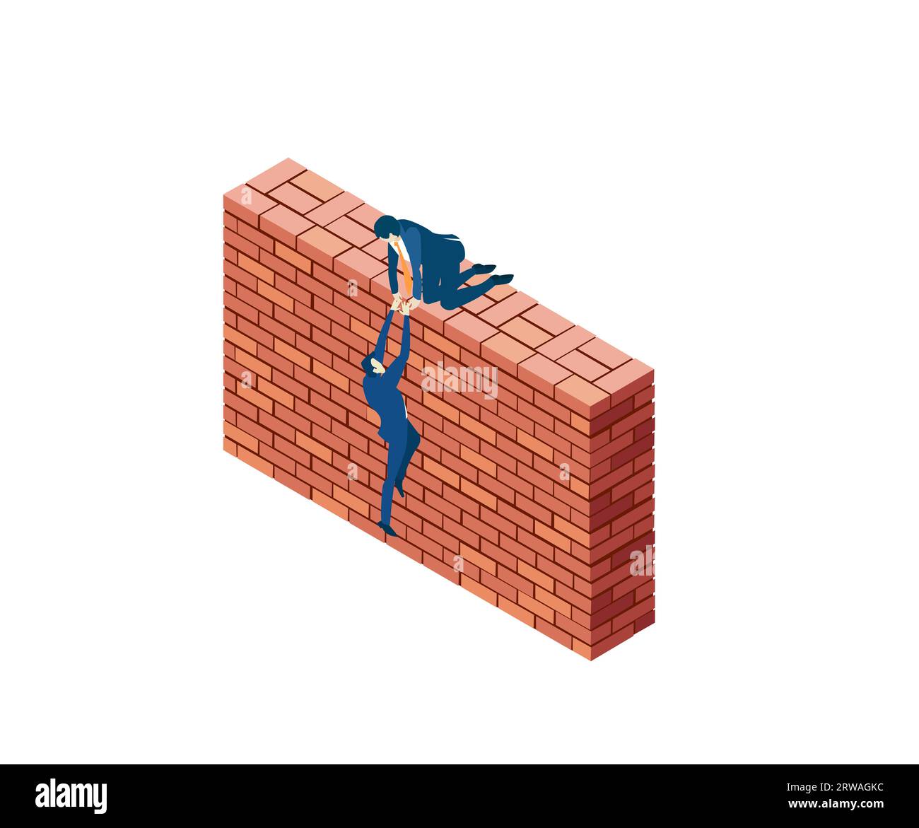 Business people work together next to brick wall. Help, support ...