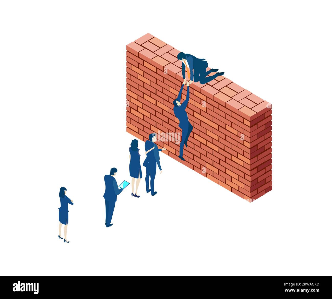 Business people work together next to brick wall. Help, support ...