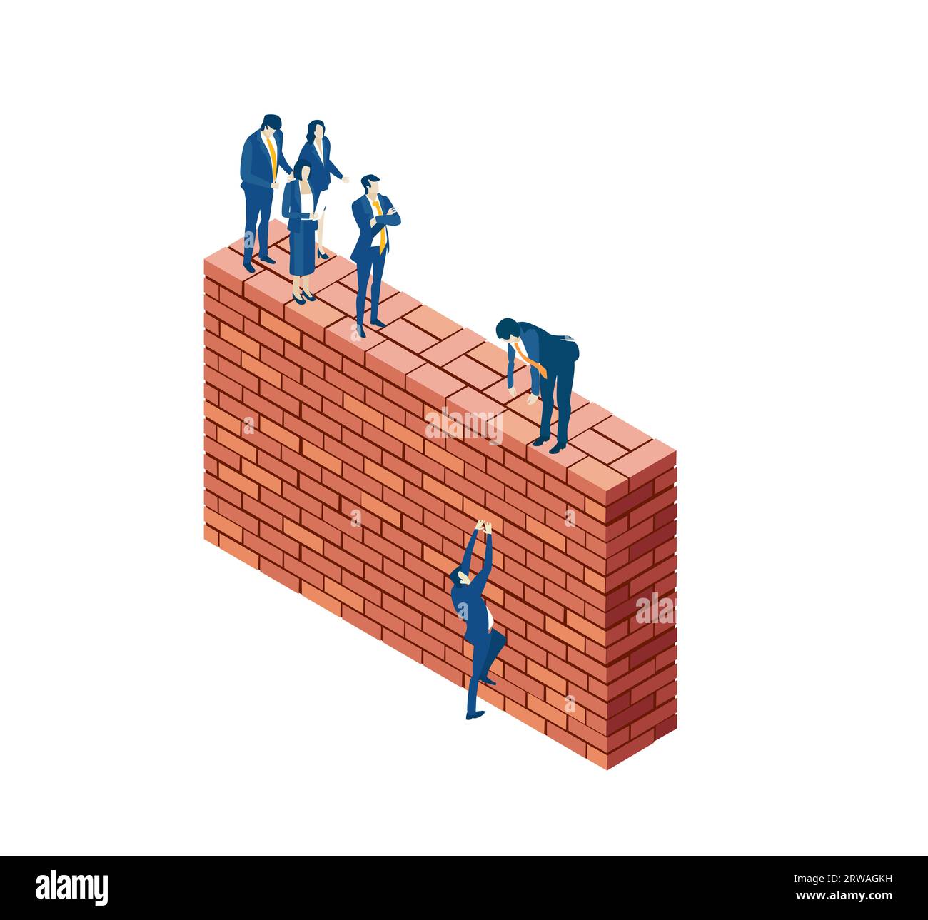 Business people work together next to brick wall. Help, support ...