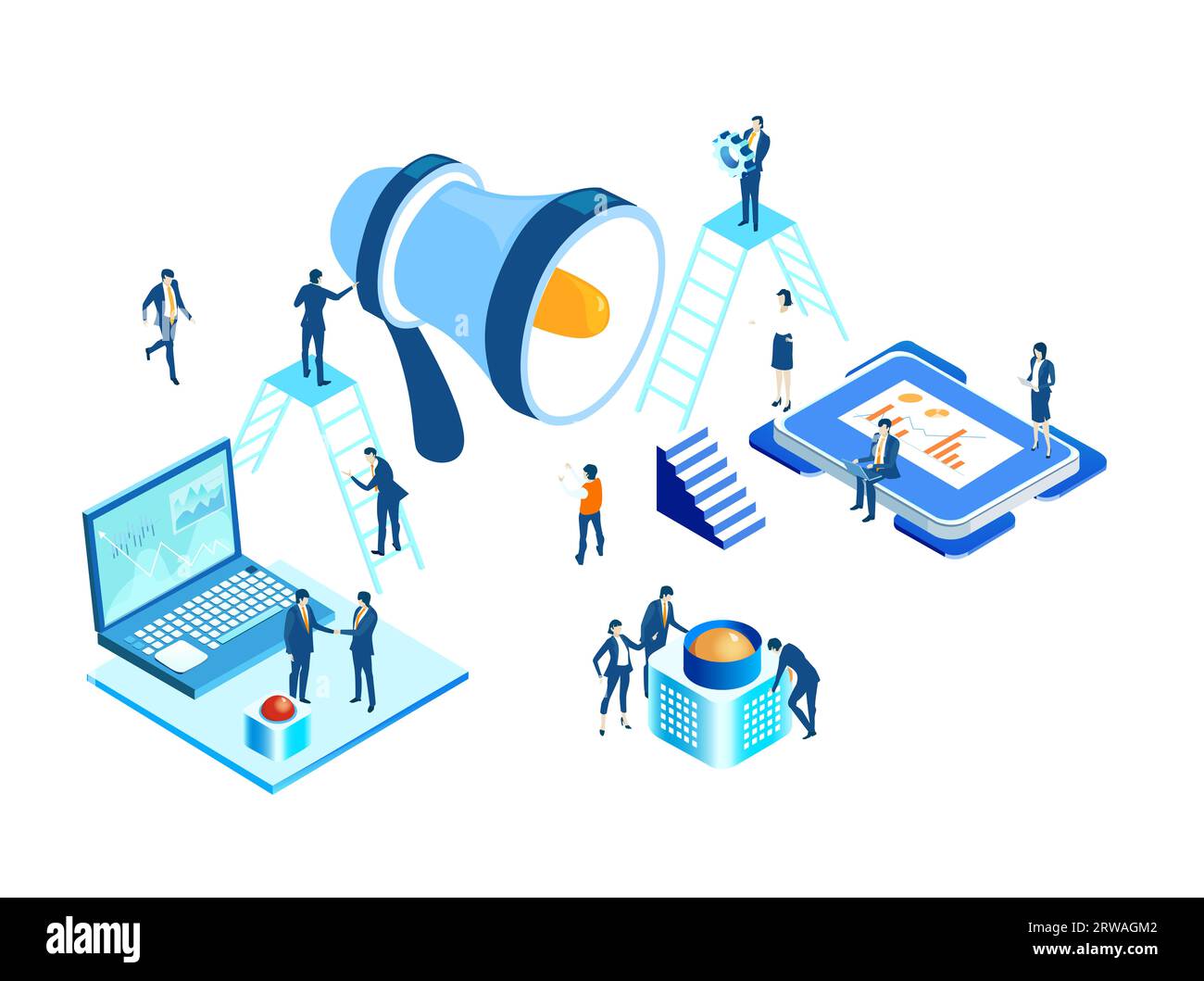 Business people working around megaphone, control, discussing the deal ...