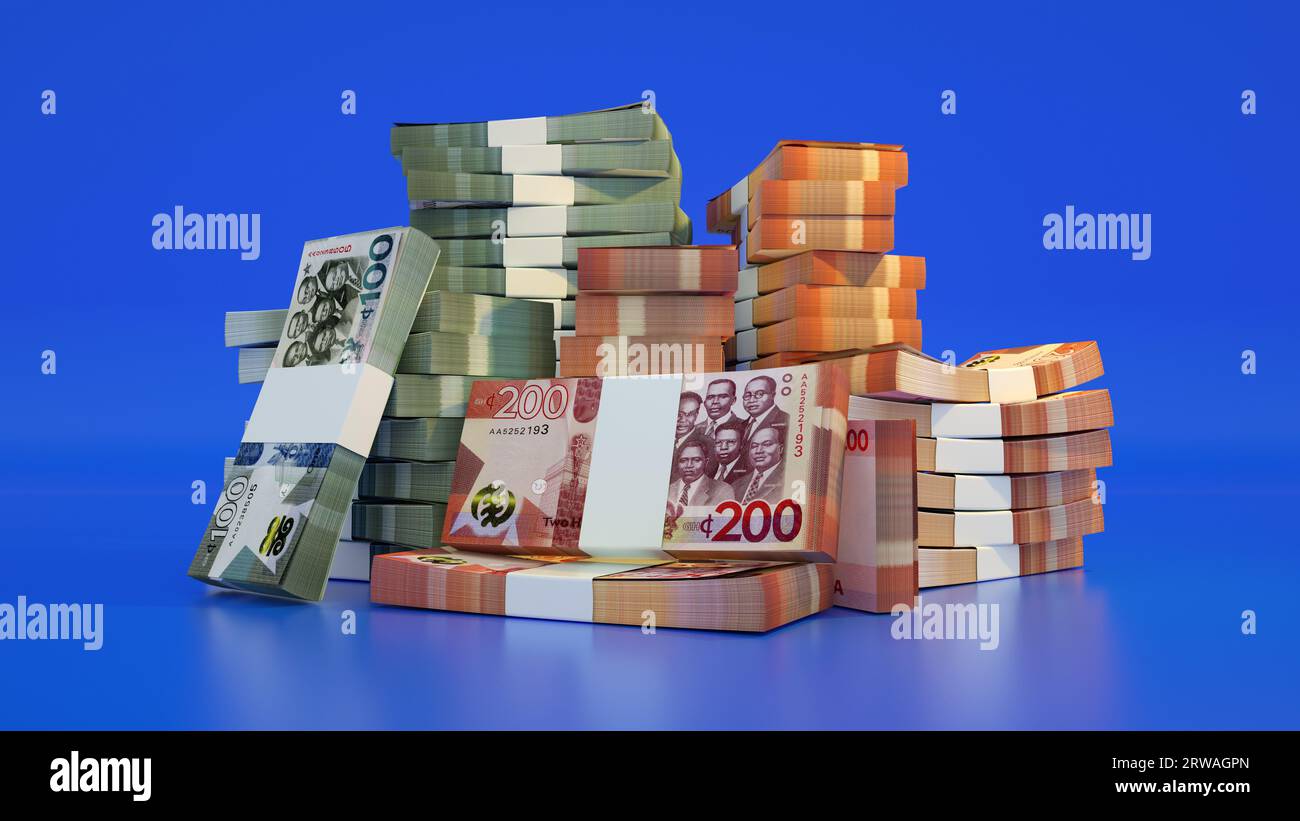 Stacks Of Ghanaian Cedi Notes A Lot Of Money Isolated On Blue Background 3d Rendering Of