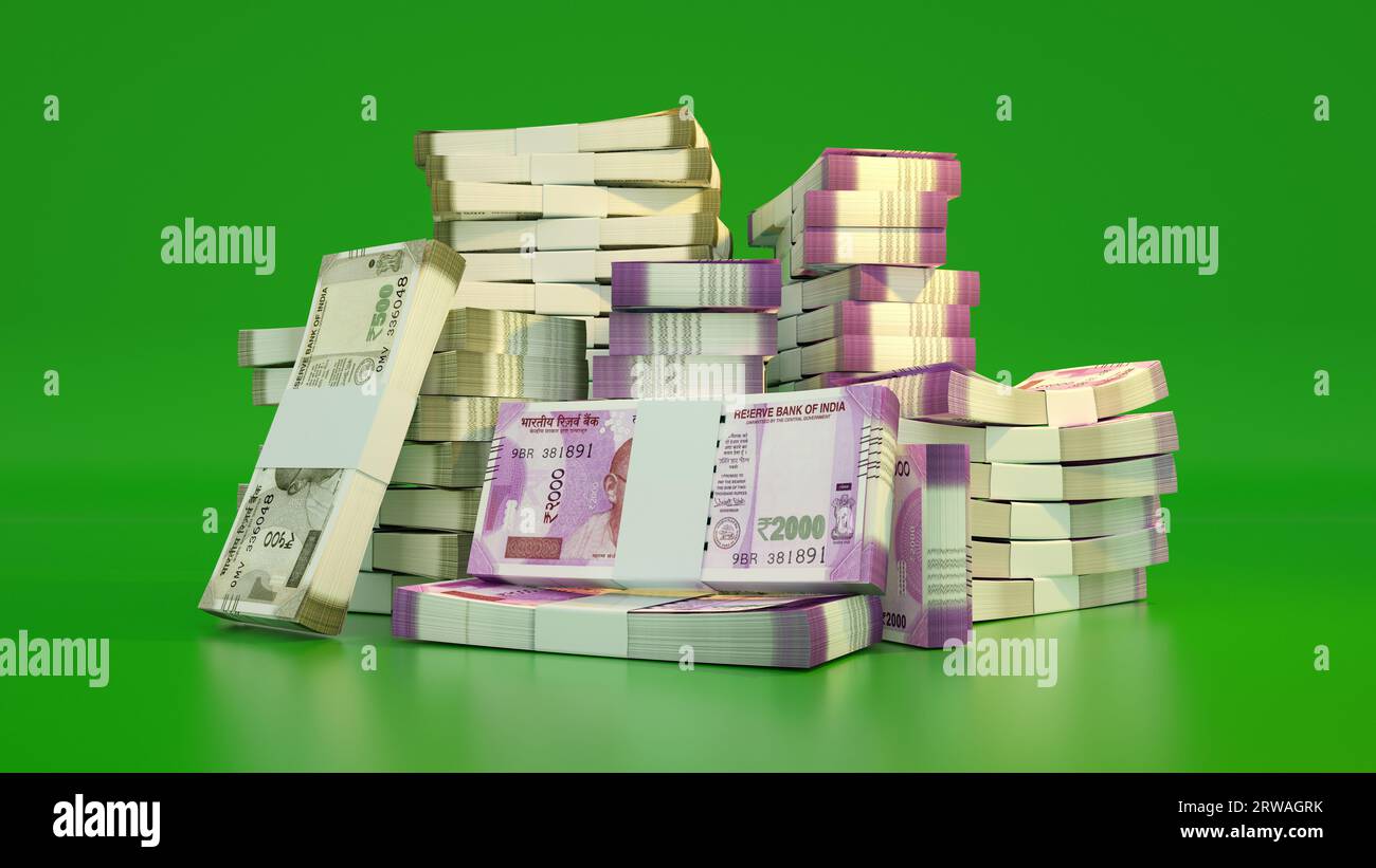 many stacks of Indian rupee notes. A lot of money isolated on green ...
